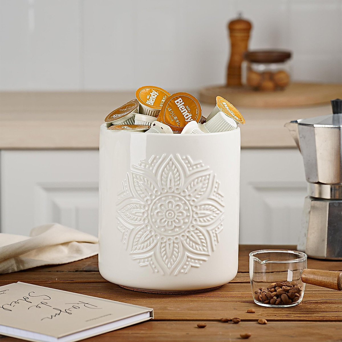 MIKIGEY Kitchen Utensil Holder, 7.2” Large Ceramic Cooking Utensil Holder with Cork Mat for Countertop, Utensil Crock for Farmhouse Kitchen Decor, Ceramic Stable Utensil Caddy, White