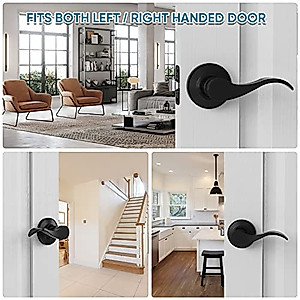 TICONN Black Door Handle, Traditional Wave Style Matte Black Reversible Door Lever for Interior Doors and Closet (Passage, 1-Pack)