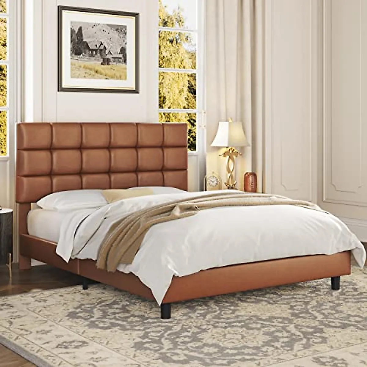 Yaheetech Upholstered Platform Bed Frame with Faux Leather Headboard Height Adjustable, Mattress Foundation Wooden Slats Support No Box Spring Needed, Amber Brown-Full