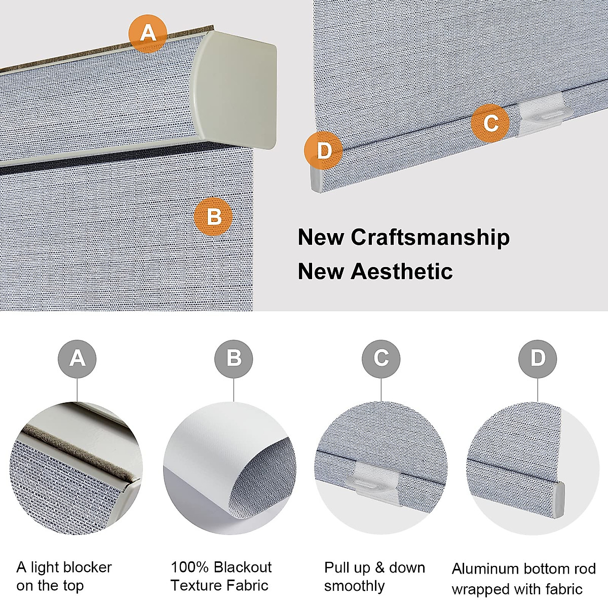 Persilux Custom Blackout Roller Blinds with Texture Fabric - UV Protection, Thermal Insulated, Cordless, For Home and Office Windows, Bluish Grey