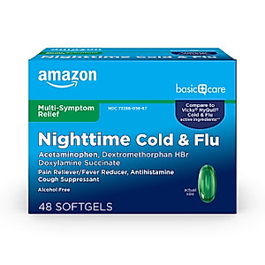 Amazon Basic Care Nighttime Cold and Flu Relief Softgels, 6 Hour Cold Medicine, Relieves Major Flu Symptoms So You Can Rest, 48 Count (Pack of 1)