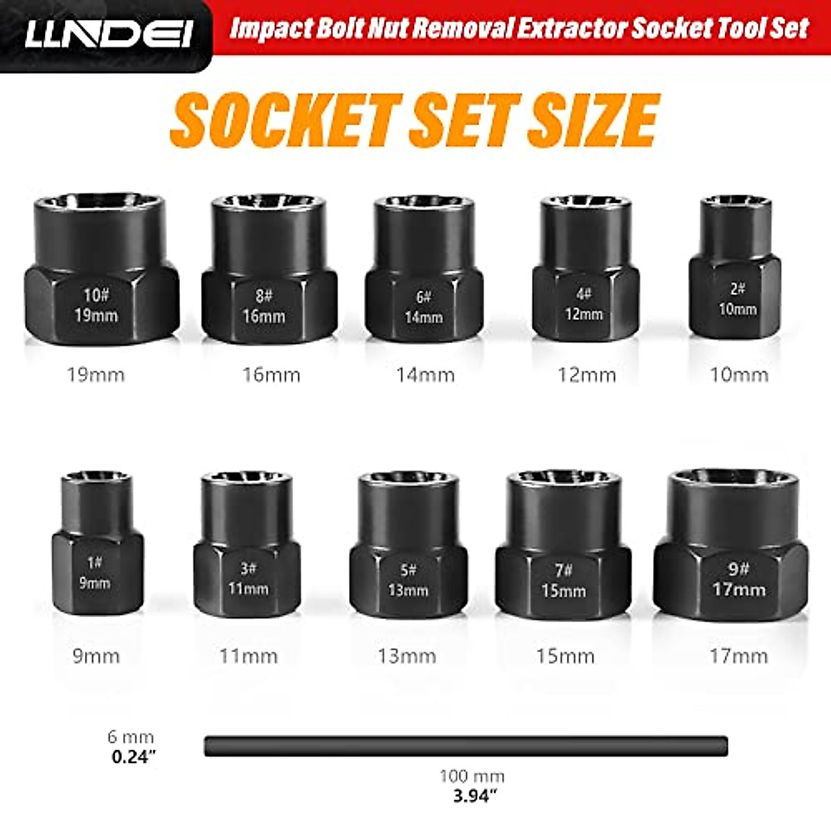 LLNDEI 3/8-Inch Metric Bolt Extractor Set, 10+1 PCS Impact Bolt Nut Remover Set, Rounded Broken Bolts Remover, Rusted Damaged Stripped Nut Removal Tool Kit with Storage Case (9-19mm