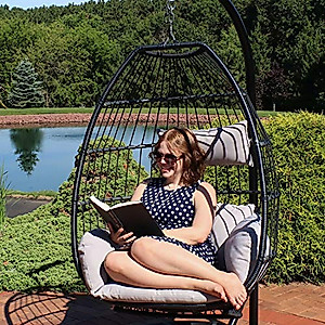 Sunnydaze Oliver Hanging Egg Chair with Seat Cushions - Bohemian Black Resin Wicker Hanging Chair with Collapsible Nylon Rope Back and Gray Polyester Cushions - 48-Inch