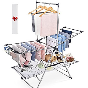 TOOLF Clothes Drying Rack with High Hanger, Foldable 2-Level Drying Racks for Laundry, Laundry Stand with Height-Adjustable Gullwings