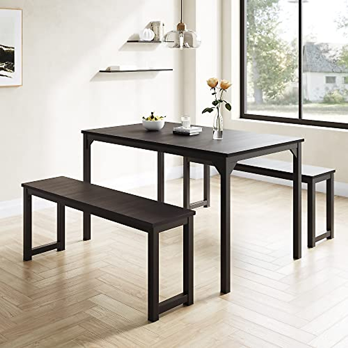 IMUsee 45" Dining Table Set for 4, 3-Pieces Kitchen & Dining Room Sets with Benches, Metal Frame and Wood Board, Sturdy Structure, Easy Assembly, Small Space Dinette, Black & Black