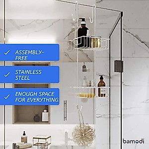 Bamodi |2-Tier Stainless Steel Shower Caddy-Hanging Shower Rack-Bathroom Organizer for Accessories-Rustproof Stainless Steel-2 Towel Hooks-27.56" DX8.27 WX7.28 H(Chrome)