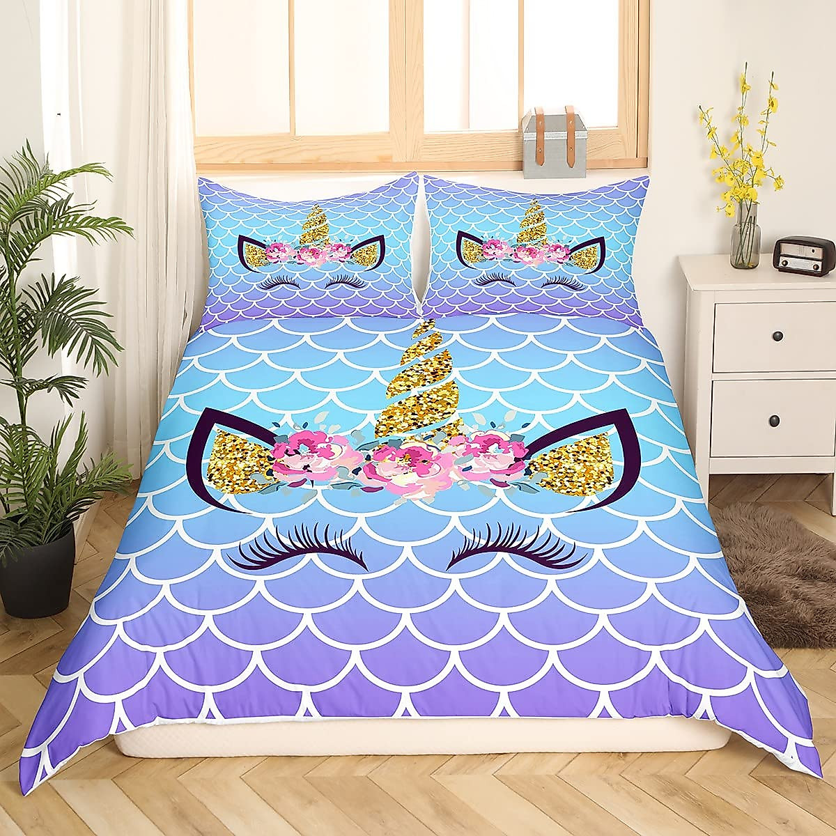 Unicorn Cute Eyelash Duvet Cover Set King Size,Mermaid Scale Glitter Sequins Bedding Set 3pcs for Kids Girls Woman Room Decor,Blue Gradient Princess Comforter Cover,Glamour Quilt Cover,2 Pillowcases