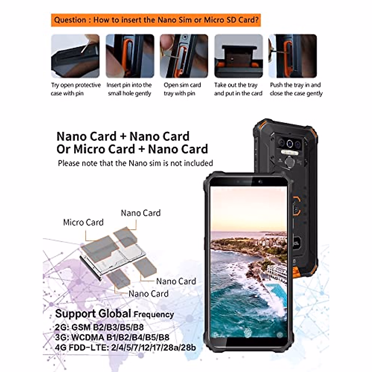 OUKITEL WP5 Pro Rugged Cell Phone Unlocked, 4GB +64GB 8000mAh Android 10 Smartphone IP68 Waterproof 5.5" HD+ Triple Camera Global Version 4G LTE GSM AT&T T-Mobile Metro PCS Face ID Fingerprint