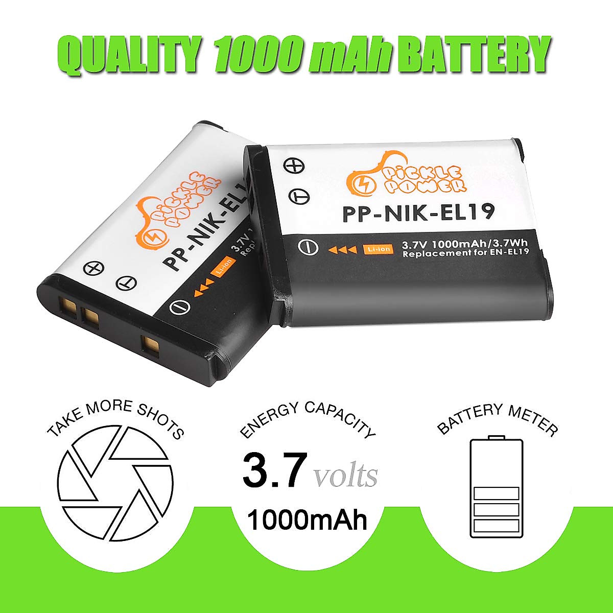 Pickle Power EN-EL19 NP-BJ1 Battery and LED USB Charger Compatible with Nikon Coolpix S32 S33 S100 S2800 S3100 S3200 S3300 S3500 S3600 S3700 S4100 S4200 S4300 S5200 S5300 S6500 S6600 S6800 S6900 S7000