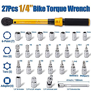 YIYEIE 1/4 Inch Drive Bike Torque Wrench, 1-25 Nm (10-222.5 in.lb), 27 PCS Click Bicycle Torque Wrench with Bit Sockets, 0.1 Nm Micro, 72-Tooth Ratchet, 3/8 Adapter, for MTB, E-Bike, Motorcycle