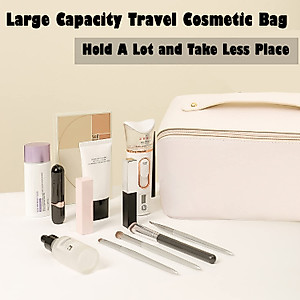 Remowhalle Large Capacity Travel Cosmetic Bag for Women, Multifunctional Open Flat Travel Makeup Bag Waterproof PU Leather, 2023 New Toiletry Bag Portable with Handle and Dividers