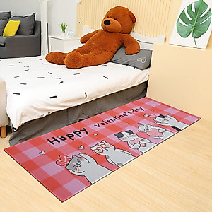 Invuni Multifunctional Long Strip Cat Love Rugs Valentine's Day Non-Slip Backed Mat Cat Love Doormat, Pink Kitchen Mats Set of 2 (17" X 47"+17" X 30")