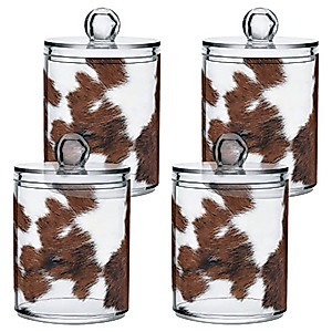 WELLDAY Apothecary Jars Bathroom Storage Organizer with Lid - 14 oz Qtip Holder Storage Canister, White Brown Print Cow Clear Plastic Jar for Cotton Swab, Cotton Ball, Floss Picks, Makeup Sponges,Hair
