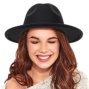 Felt Fedora Hat Womens Classic Hat Wide Brim Jazz Hat with Belt Buckle (Black with Black Belt, Medium (22"-23"))