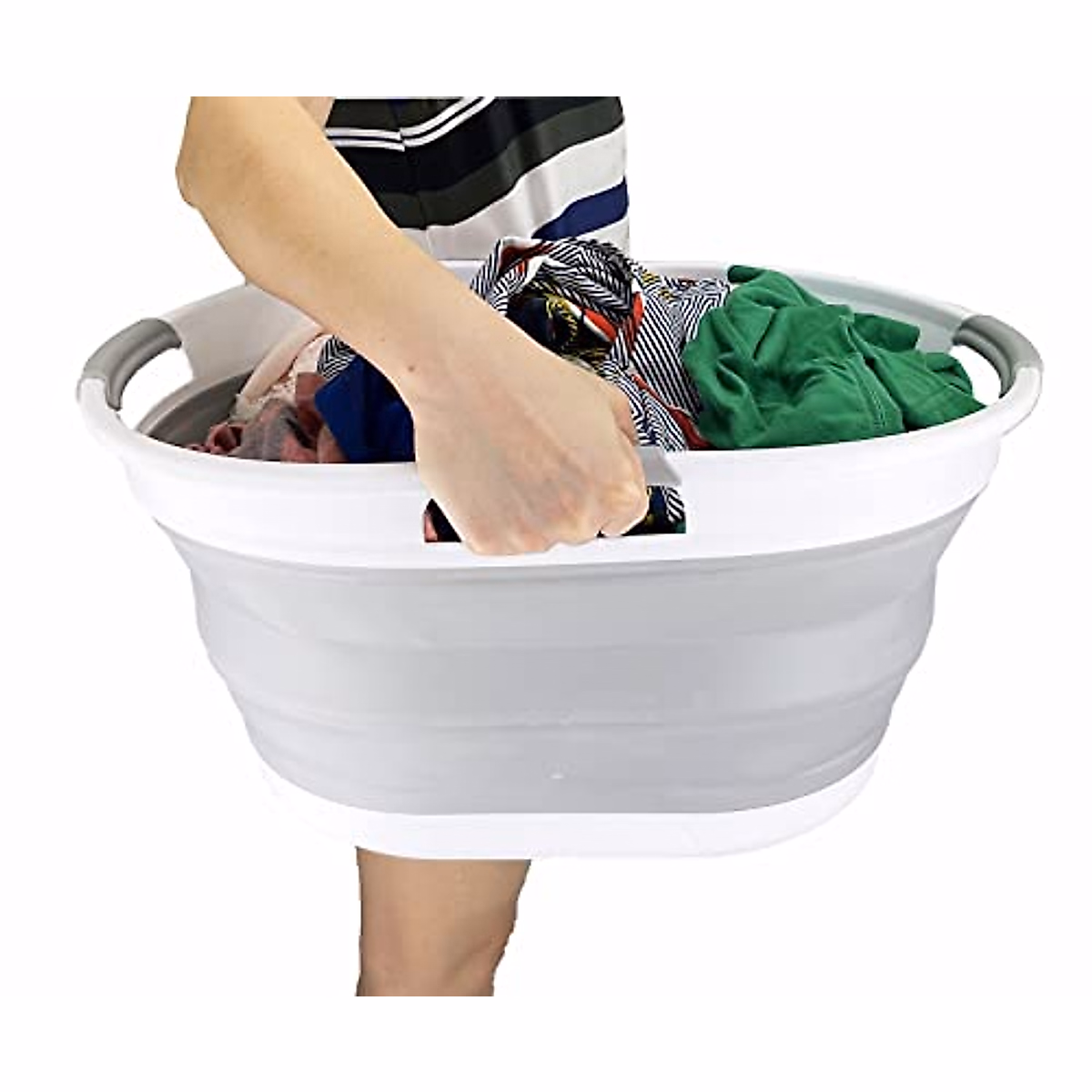 SAMMART 25L (6.6 gallon) Collapsible Plastic Laundry Basket - Foldable Pop Up Storage Container/Organizer - Portable Washing Tub - Space Saving Hamper/Basket (White/Grey (Set of 2))
