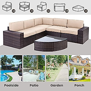 Incbruce 6-Piece Outdoor Patio Furniture Sofa Set, All-Weather Wicker Sectional Couch, Patio Garden Conversation Sets with Glass Wedge Coffee Table and Washable Cushions (Light Brown)