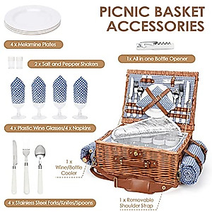 Picnic Basket for 4, Insulated Willow Picnic Baskets with Shoulder Strap, Picnic Hamper with Waterproof Picnic Blanket, Handmade Wicker Hamper for Outdoor, Great Gifts for Thanksgiving, Christmas