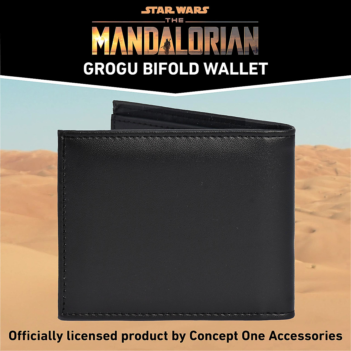 Concept One Star Wars Grogu Wallet, The Mandalorian Slim Bifold Wallet with Decorative Tin Case, Black and Green