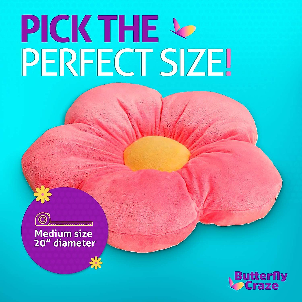 Butterfly Craze Daisy Lounge Flower Pillow for Teens & Kids - Medium 20 Inches, Cozy & Stylish Floor Cushion, Perfect Seating Solution, Machine Washable Aesthetic Decor, Plush Microfiber, Pink