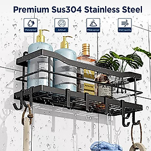 Wekin Shower Caddy Bathroom Organizer, Wall Mount Shower Organizer with Hooks, No Drilling Rustproof Stainless Steel Self-Adhesive Shower Shelves for Bathroom and Kitchen Storage Matte Black 2 Pack