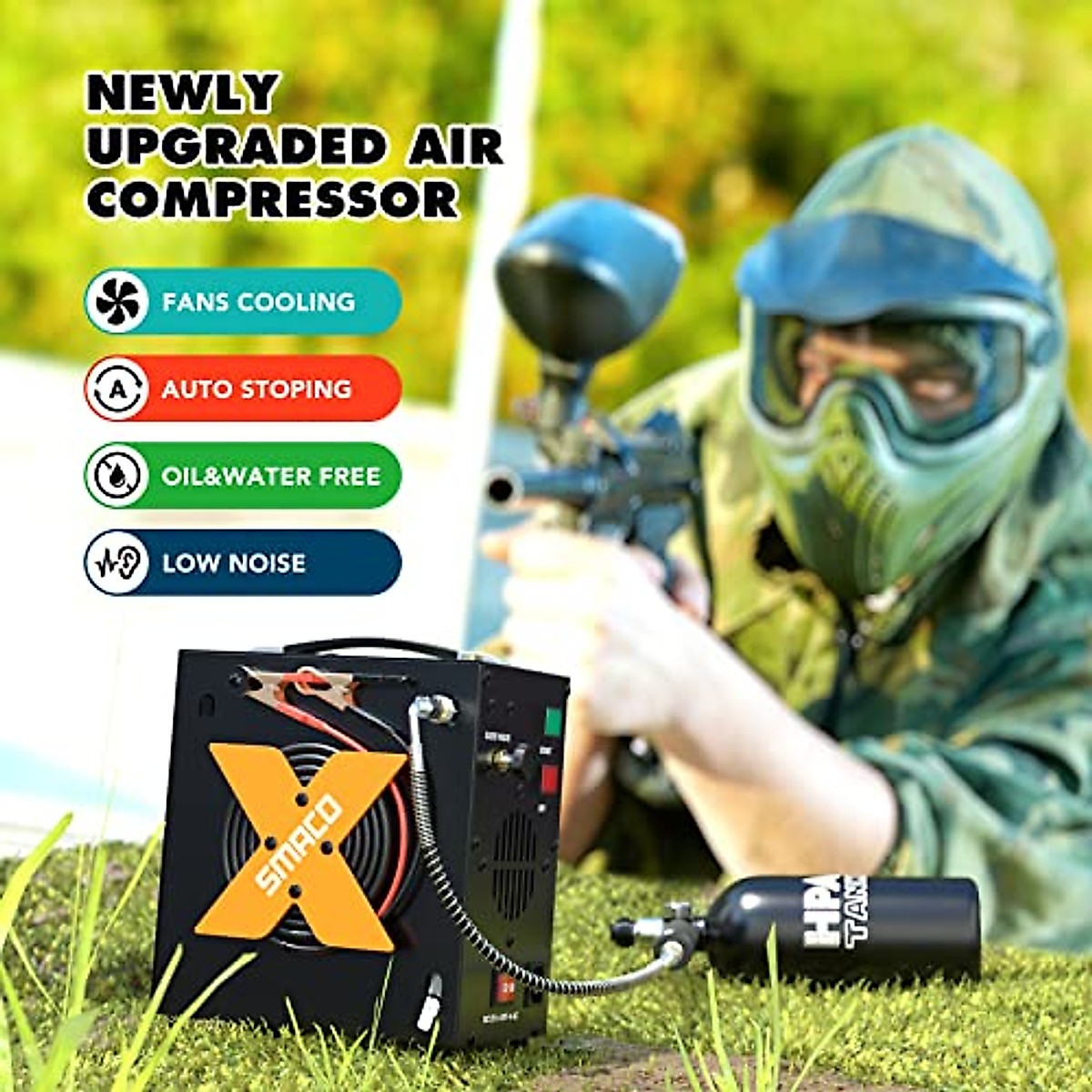 PCP Air Compressor 4500Psi/30Mpa High Pressure Air Compressor for Paintball/Scuba Tank, Oil-Free & No-noise & Auto-Shut off Air Compressors for Air Rifle/PCP Air-Gun, Powered by 12V DC or 110V-220V AC
