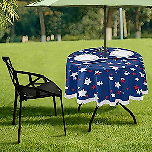 Xigua Patriotic Star Round Tablecloth 60" Waterproof Spillproof Polyester Fabric Table Cover with Zipper Umbrella Hole for Outdoor Patio Garden Dining Party