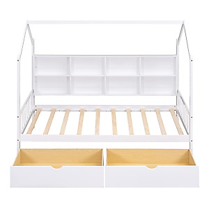 Twin House Bed with 2 Drawers and Storage Shelves, Montessori Bed, Twin Platform Bed Frame with Roof, Tent Bed, Solid Wood Playhouse Bed for Kids Teens Girls Boys (Twin, White)