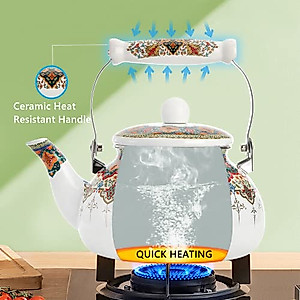 ZOOFOX Ceramic Enamel Tea Kettle, 2.6 Quart Large Floral Colorful Teapot with Handle for Stovetop, Retro Hot Water Tea Kettle Pot, No Whistling