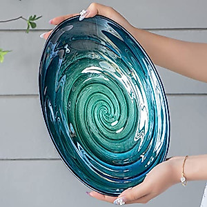 A&B Home Glass Fruit Bowl - Blue Green Decorative Bowl, Large Glass Bowl Tabletop Home Décor, Coffee Table Centerpiece Assecories, 13" x 9" x 3"