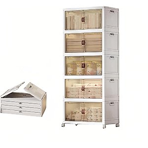 JH Spracely 5 Layer 203 Gallon Collapsible Storage Bins with Lids and Wheels, Large Stackable Plastic Organizer Bins for Closet and Office, Folding Storage Boxes with Open Front Door,for 8+ Years