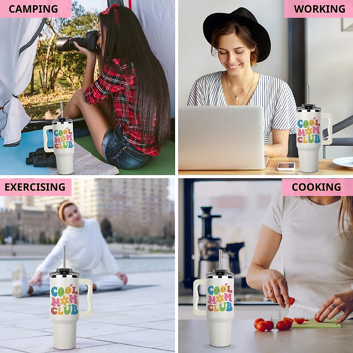 Vivulla68 Mother’s Day Gift for Mom – Cool Mom Club Tumbler 40oz with Straw & Brush, Cute Mama Cup, Funny Insulated Iced Coffee Mug, Travel Water Bottle, Reusable Birthday or Christmas Gift