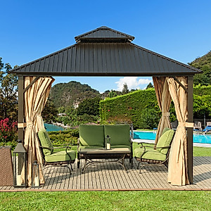Aoodor 12 x 12 ft. Aluminum Frame Hardtop Roof Gazebo, Outdoor Patio 2-Tier Metal Roof Gazebo with Mosquito Netting and Curtains, Suitable for Patios, Garden and Backyard - Black