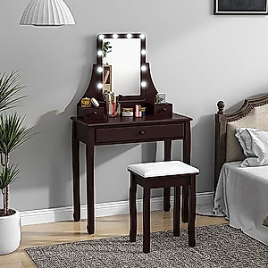 CHARMAID Makeup Vanity Desk with Lighted Mirror, 3 Color Lighting Modes, Adjustable Brightness, 3 Drawers, Removable Dividers, Bedroom Dressing Table Vanity Set with Stool for Girls Gift (Espresso)