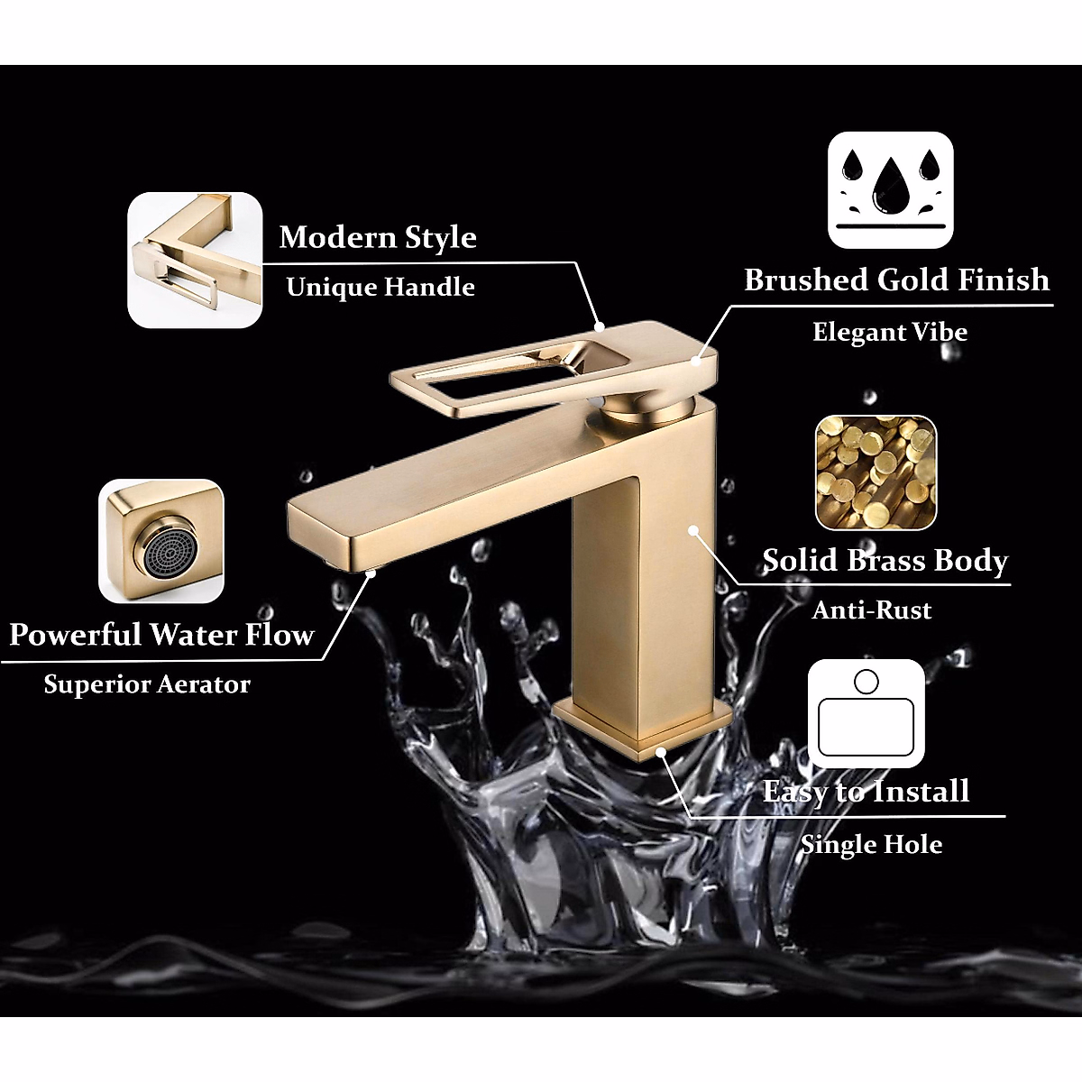 SHUNLI Brushed Gold Bathroom Faucet, Single Hole Modern Bathroom Sink Faucet, Brass Lavatory Mixer Taps Single Handle