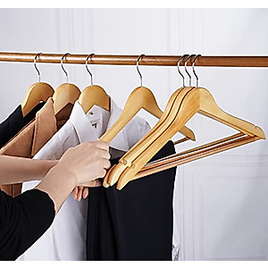 HOUÍSM Wooden Hangers 30 Pack, Solid Wooden Suit Hangers Coat Hangers with Non-Slip Pants Bar, 360° Swivel Hook & Notches, Smooth Finish, Heavy Duty Clothes Hangers for Coats, Suits, Pants and Jackets