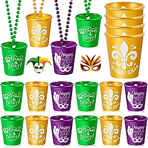 24 Pieces Mardi Gras Shot Glass on Beaded Necklace Mardi Gras Plastic Cups Fun Shot Glasses for Mardi Gras Party Supplies, 3 Styles