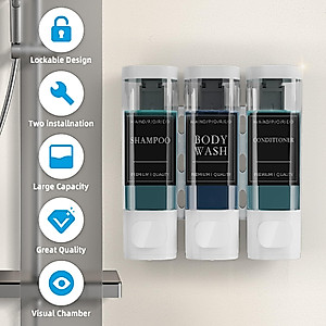 Xlxker Shower Soap Dispenser Wall Mounted No Drill, 3 Chamber Shampoo and Conditioner Dispenser for Bathroom Hotel Large Capacity