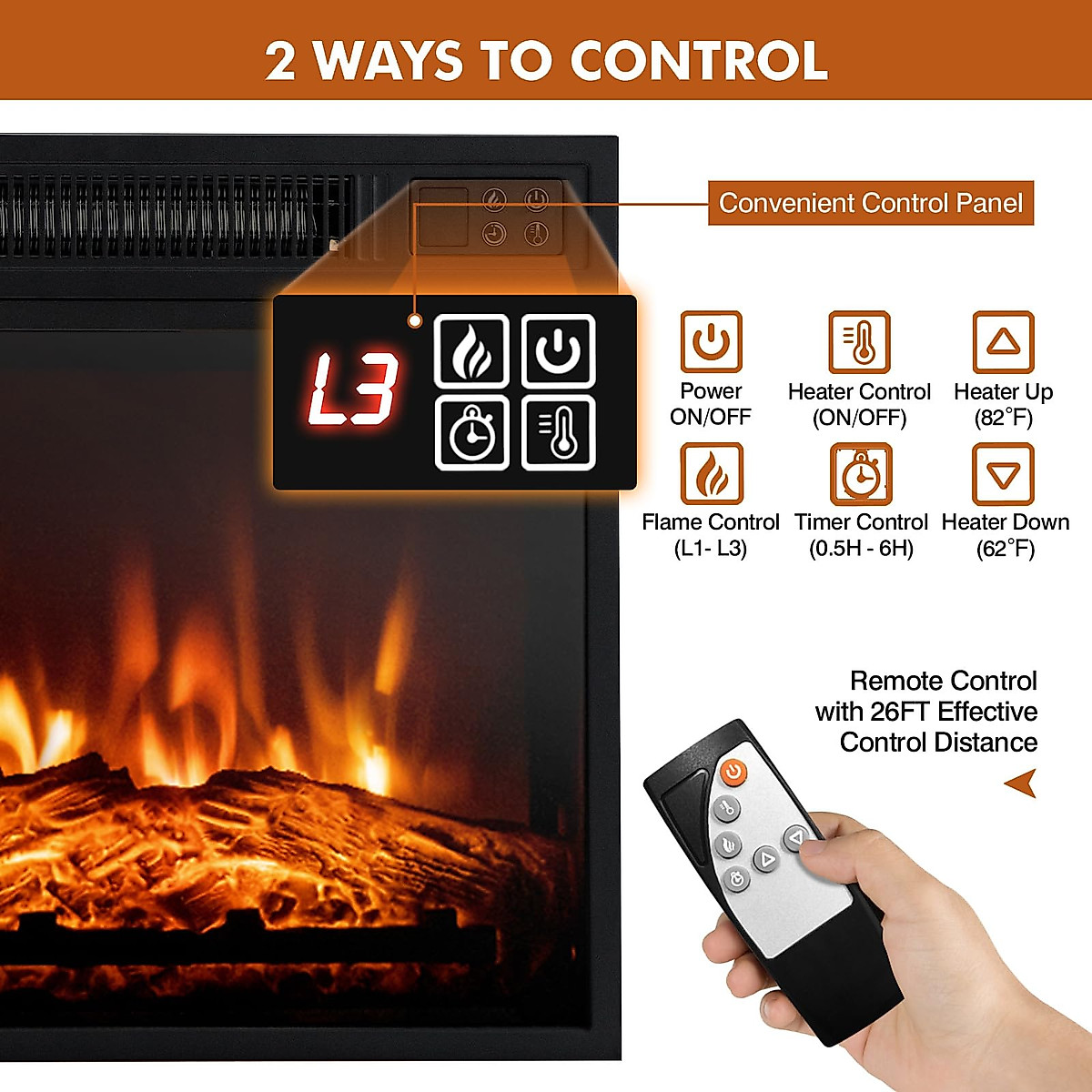 ORALNER Electric Fireplace Insert 18 Inch, Recessed Fireplace Heater with 3 LED Flame Effects, Remote Control & 6H Timer, Overheating Protection, Fireplace Insert for TV Stand, 1400W, Black