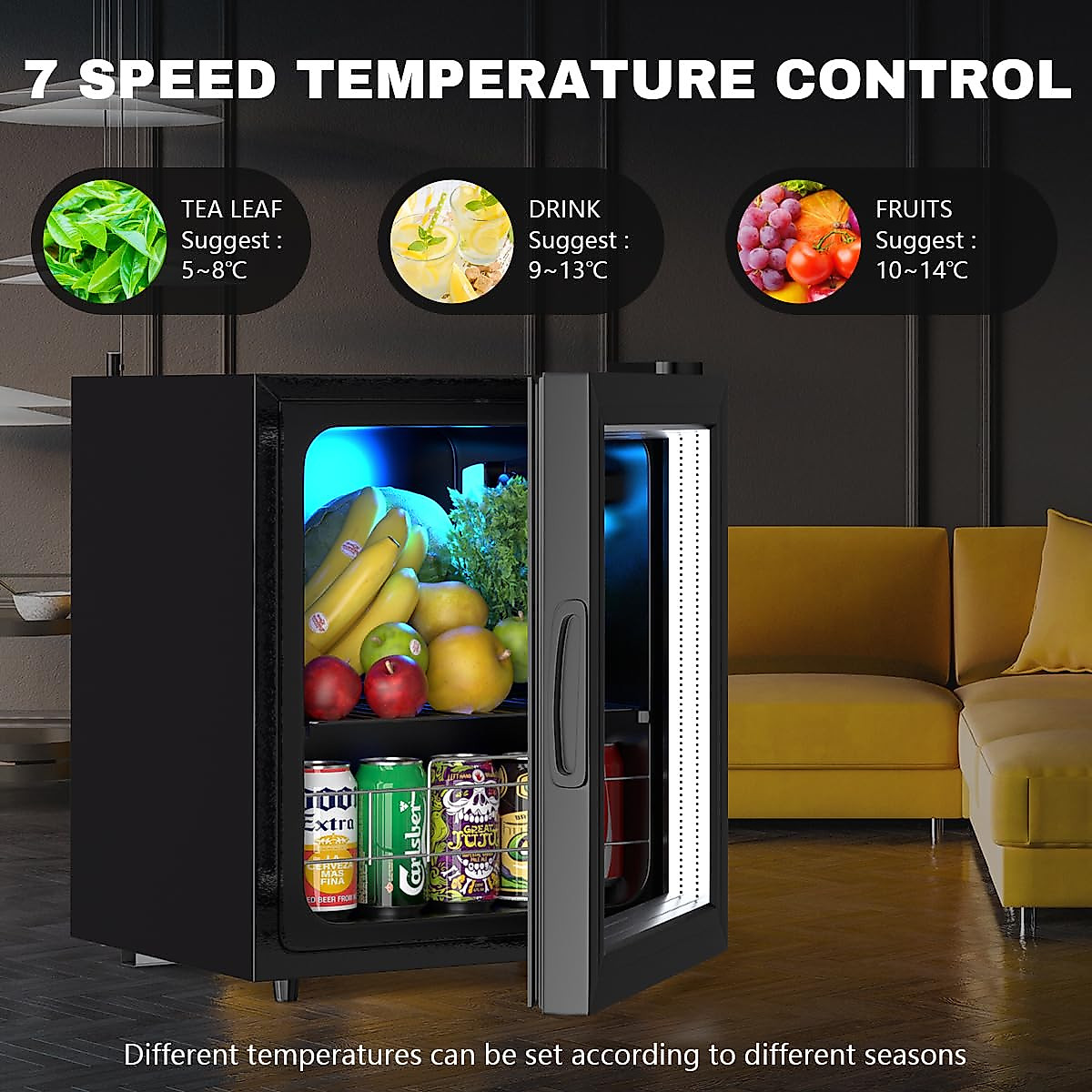 Iorbur FLB-45 75 Can, Small Mini Fridge Freestanding Beverage Cooler Refrigerator with Adjustable Shelving Glass Door for Beer Soda or Wine Perfect Office Home or Bar Black