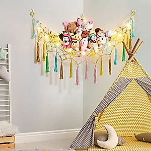 Dremisland Stuffed Animal Toy Hammock with Fairy Lights Macrame Rainbow Toy Net Hammock with Wood Beads Tassels-Stuff Animals Organizer Storage Toy Net Holder for Nursery Play Room, Kids Bedroom