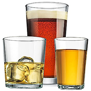 Set of 18 Sleek and Durable Drinking Glasses - Glassware Set Includes 6-17oz Highball Glasses, 6-13oz Rocks Glasses, 6-7oz Juice Glasses | Heavy Base Glass Cups for Water, Juice, Beer, & Cocktails.
