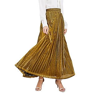 CHARTOU Women's Premium Metallic Shiny Shimmer Accordion Pleated Long Maxi Skirt (Small, Gold)