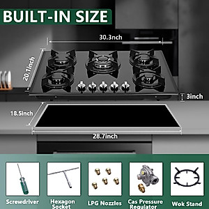 Tymetik Gas Cooktop 30 Inch, Built-in Tempered Glass Gas Stovetop 5 High Efficiency Burners Gas Stove Top Propane/Natural Gas Convertible Gas Hob (Black)