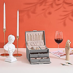 BEWISHOME Jewelry Box for Girls Women,3 Layers Jewelry Organizer Box Gifts for Girls Women, Mini Jewelry Travel Case with Lock, PU Leather Jewelry Case for Earrings, Rings, Necklaces Grey, SSH88H