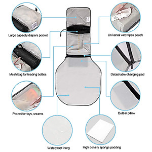 Baby Portable Changing Pad, VHOPMORE Detachable Waterproof Changing Mat with Head Cushion and Pockets, Baby Travel Diaper Bag Changing Station Kit Baby Shower Gift for Newborn Boy & Girl