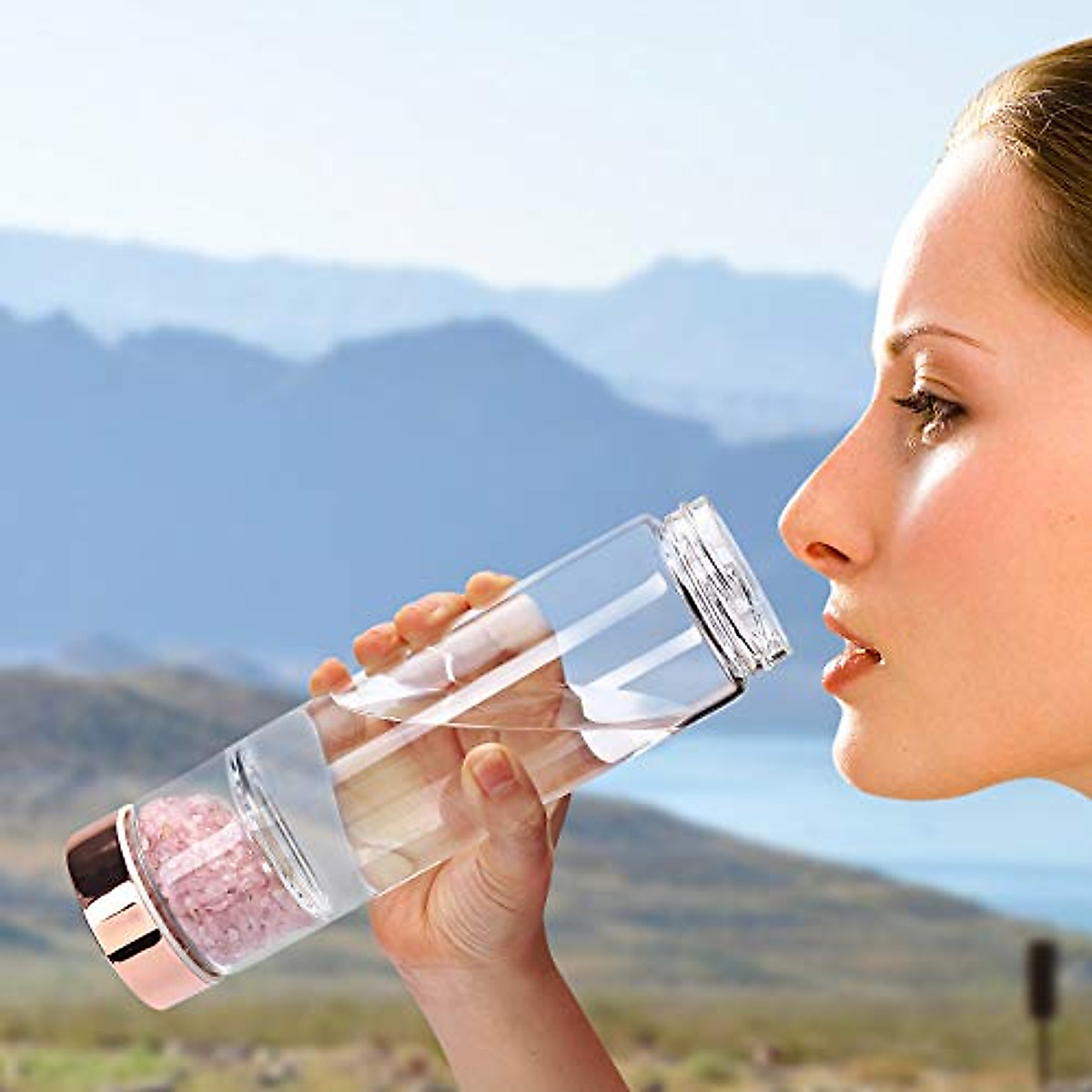 Yoption Crystal Water Bottle, Rose Quartz Healing Glass Water Bottle, Includes a Loose Leaf Tea Infuser Bottle and Protective Sleeve