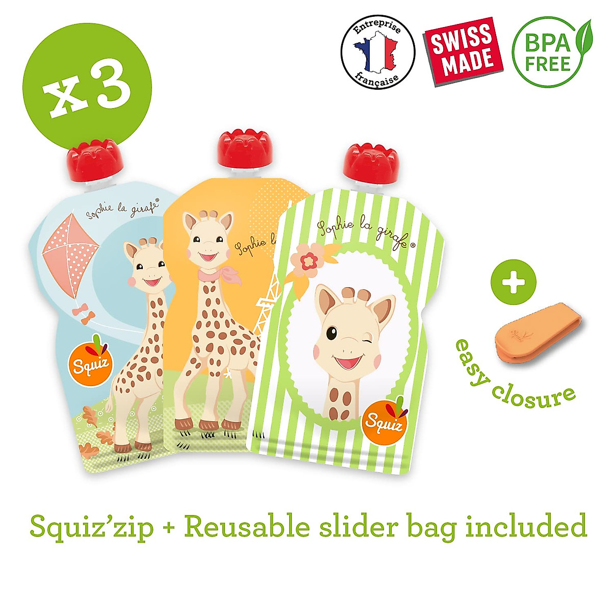 SQUIZ - 3 Swiss-Made Pack Reusable Food Pouches 4,4 oz (130ml) - Refillable Squeeze Food Storage for Baby, Toddler and Kids - Washable and Freezer Safe Bags - BPA Free - Sophie La Girafe