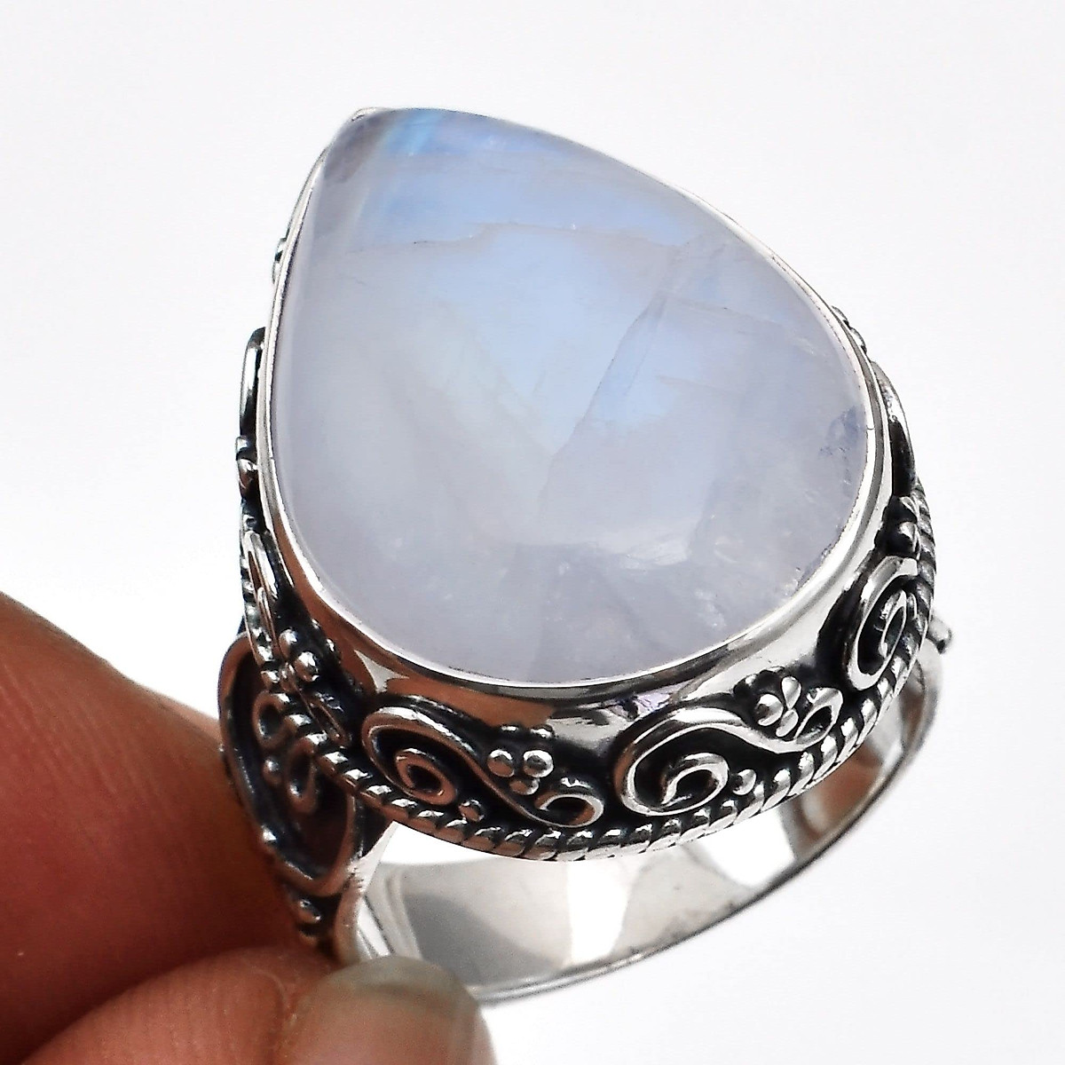 Silver Palace Natural Rainbow Moonstone 925 Sterling Silver Handmade Teardrop Ring For Unisex