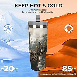 Old Viking Boat 30oz Stainless Steel Insulated Tumbler with Straw & Foldable Handle - Leakproof, Double-Wall Vacuum Travel Thermos for Hot/Cold Drinks, Non-Slip Base, Fit Cup Holders