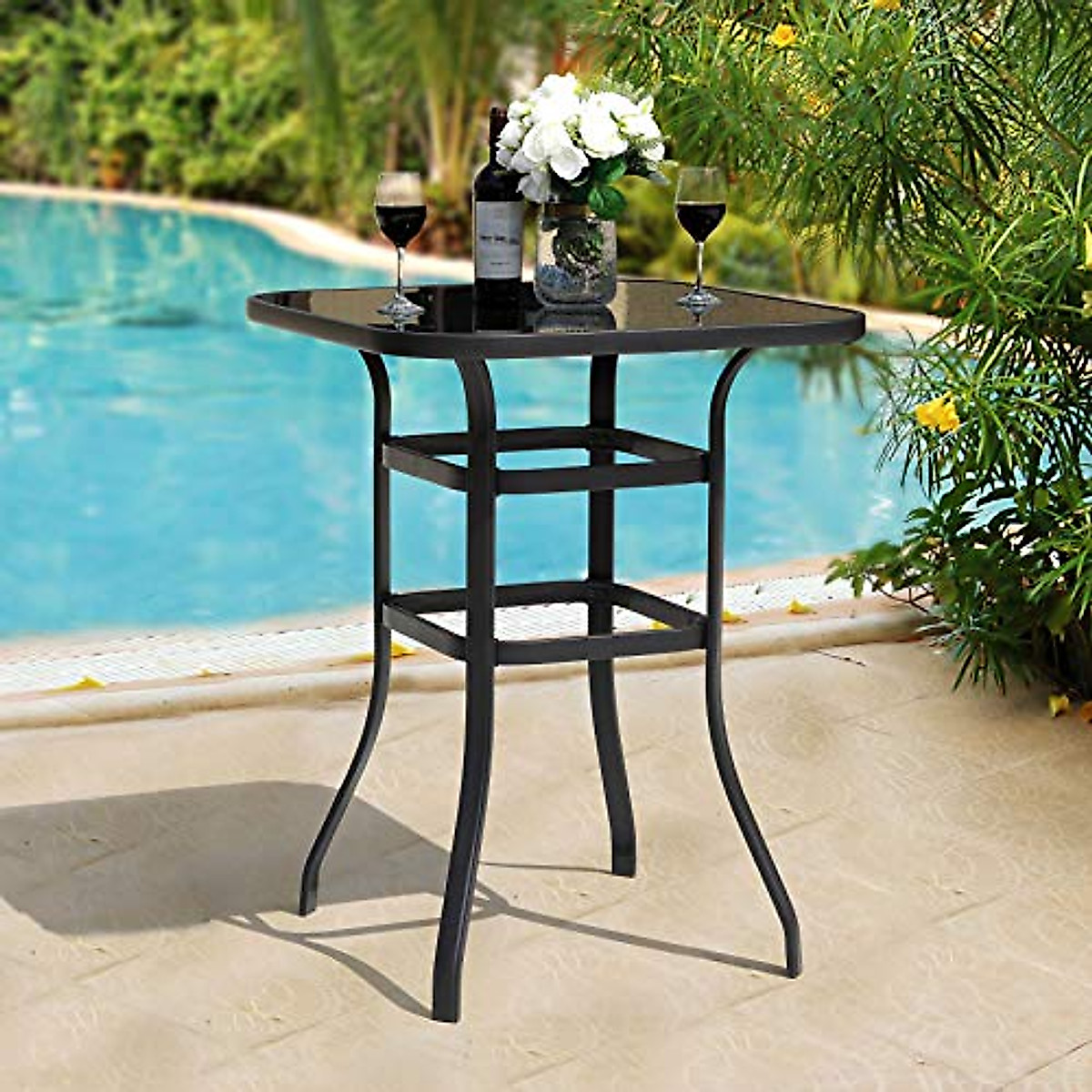 Avestar Nuu Garden Patio Bar Table, 32 Inch Outdoor Bar Height Bistro Table with Tempered Glass Table Top and Metal Frame, Suitable for Patio, Back, Yard, Cafes, Bistro, Black